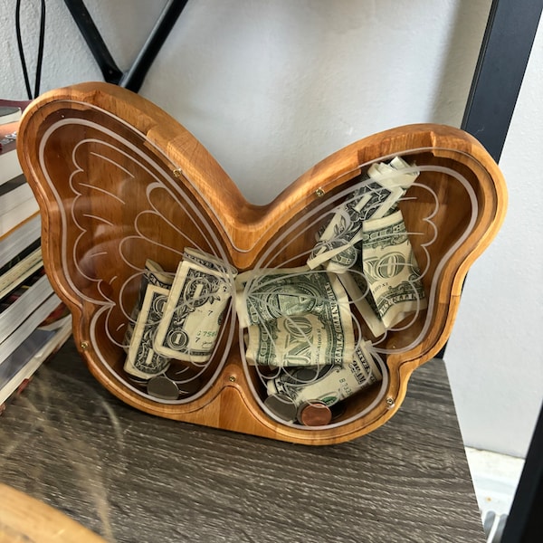 Natural Wood Large Butterfly Piggy Bank, Animal Coin Bank, Baptism Gift ...