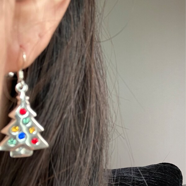 Sterling Silver Christmas Tree Earrings With Multi-coloured Cubic ...