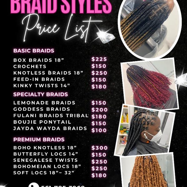 Braids Pricelist, DIY Flyer Template Design, Hair Styles Braiding Price ...