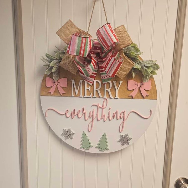 Pink Christmas Wooden Door Hanger Merry Everything Wooden Christmas ...