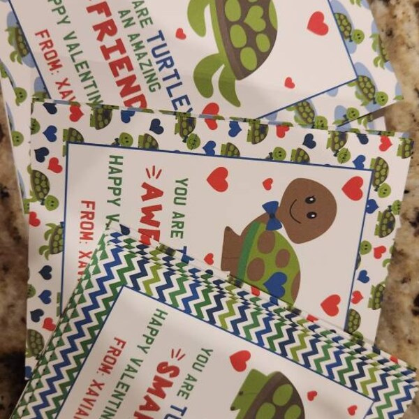 PRINTED Personalized Turtle Classroom Valentine's Day Cards, Turtle ...