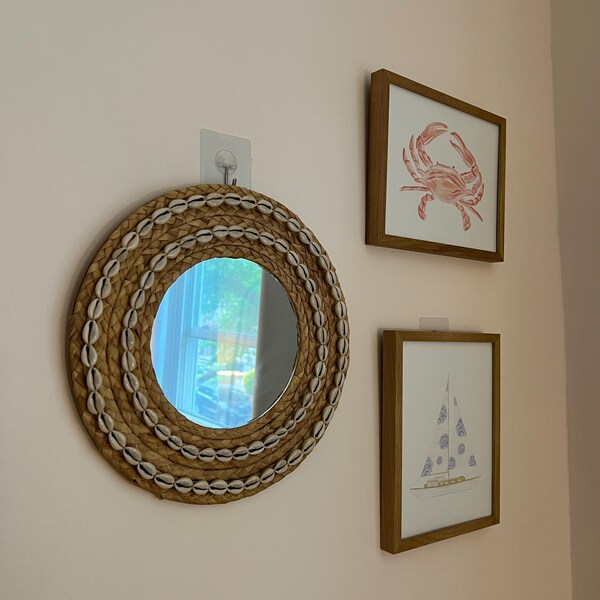 13” Cowrie Shell Jute Mirror, Jute Mirror, Jute Boho Accent Mirror ...