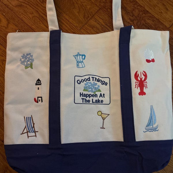 Coastal Themed Embroidered Boat Tote Bag, Ocean Shell Canvas Bag, Tote ...