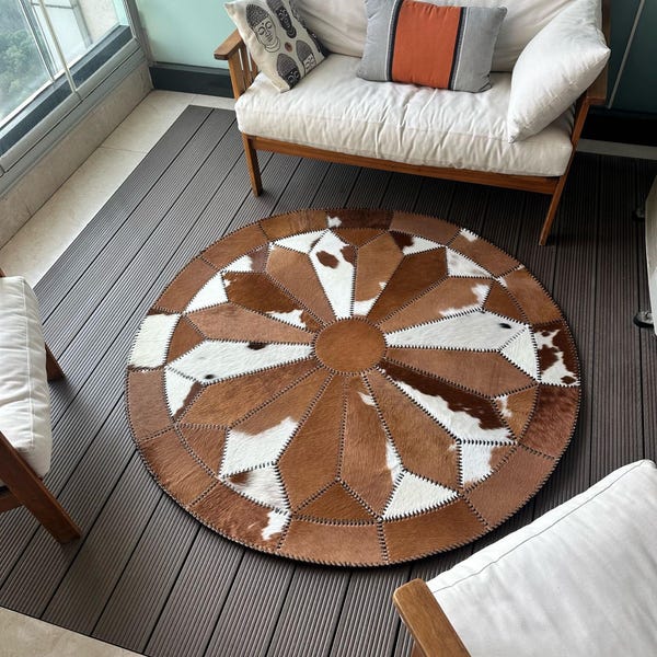 Genuine Cowhide Round Rug, Calfskin Circle Patchwork Rug, Different Cow ...