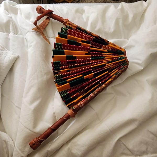 African Fabric Hand Fan With Leather Handle, Decorative Fan Made With ...