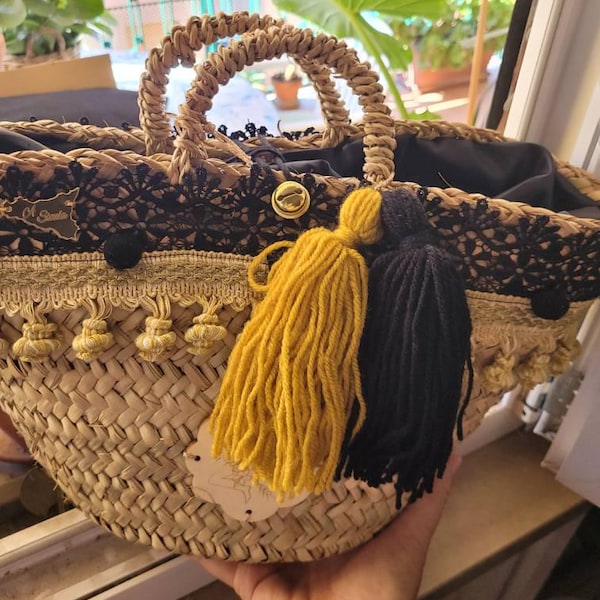 Turquoise Sicilian Coffa With Large Side Bow, Straw Bag for the Beach ...