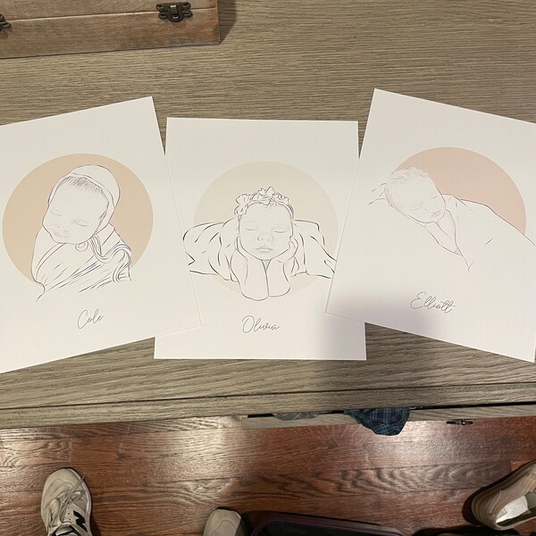 Custom Baby Line Drawing Birth Poster Newborn Gift Custom Portrait ...