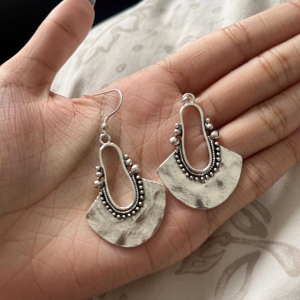 Large Boho Silver Earrings, Hoops, Indian Agate, Bead Drop, Green ...