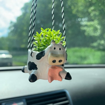 Cow Rear View Mirror Mini Planter Small Pot With Faux Plant for Car ...
