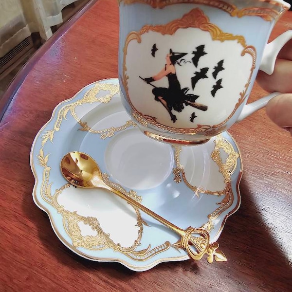 Beautiful Black Crow Teacup and Saucer Set, 8 Ounces, Food Safe and ...