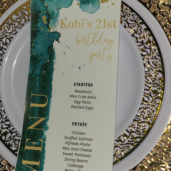 Birthday Menu Card, Emerald Green and Gold Party Table Menus Decor ...