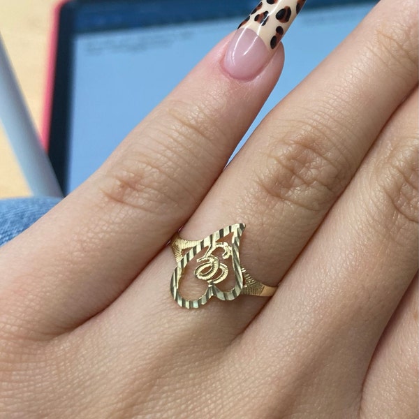 10k Yellow Gold Solid Big Slanted Heart Cursive Initial Ring With ...