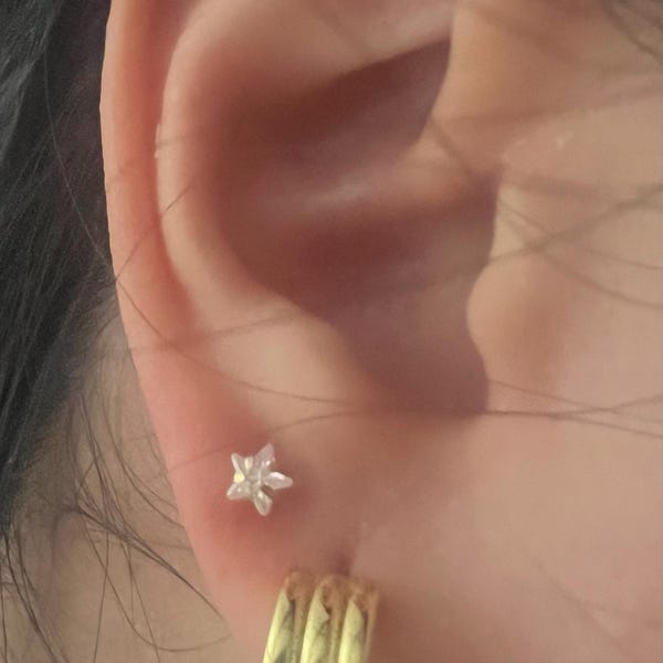 14K Solid Gold Tiny Crown Internally Threaded Labret Stud Earring, Tragus Stud Earring, Conch ...