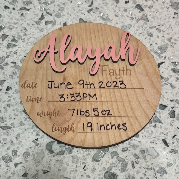 Round Wooden Baby Plaque 3D Custom Wood Baby Name Announcement Sign ...