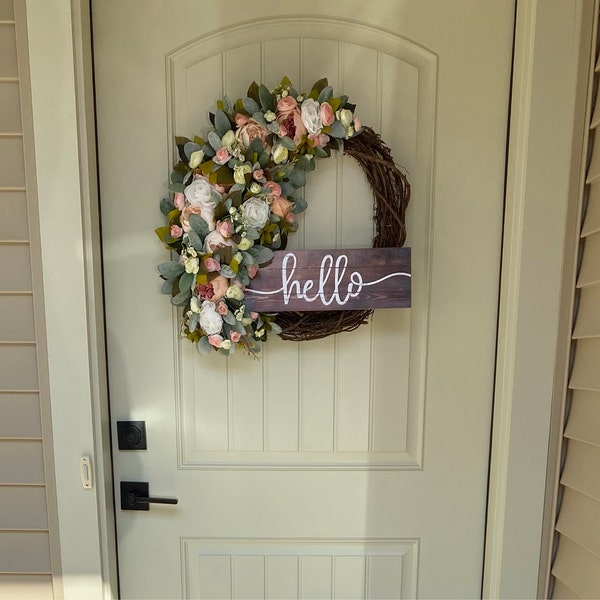 Hello Wreath, Wreaths for Front Door, Peony, Peonies, Lambs Ear, Summer ...