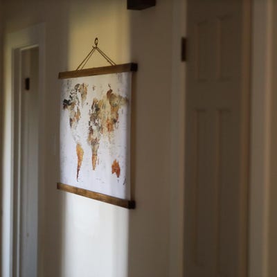 Hanging World Map Canvas, Rustic Frame Home Decor, Vintage Colors World ...