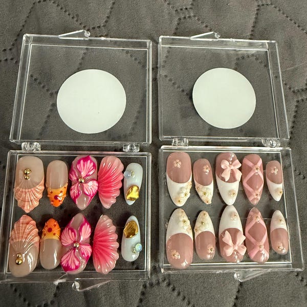 3D Flower With Seashell French Tip Long Almond Press on Nails, Unique ...