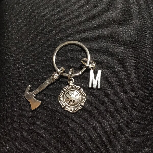 Firefighter Keychain With Initial Charm and Axe Charm - New Fireman Key ...