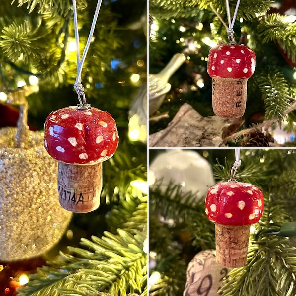 Upcycled Champagne Cork Mushroom Ornaments, Woodland Amanita Toadstool ...