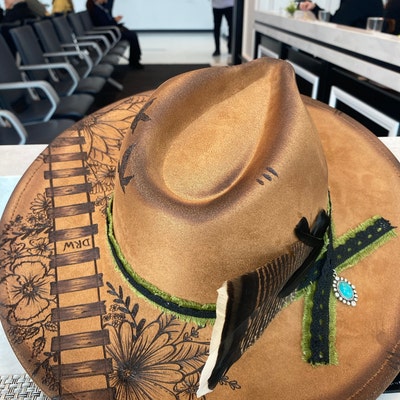 Hand Burned Custom Wide Brim Fedora Hat Floral, Flower, Sunflower, Summer, Derby, Concert ...