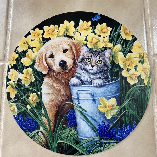11.75" Round Spring Wreath Sign, Pet Wreath Sign, Dog and Cat Wreath ...