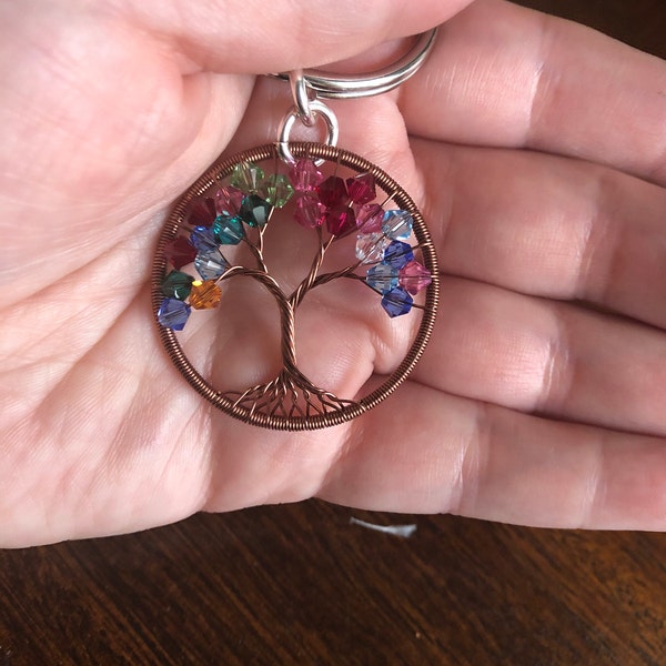 Antique Copper Family Tree Keychain, Family Birthstone Keychain, Tree ...