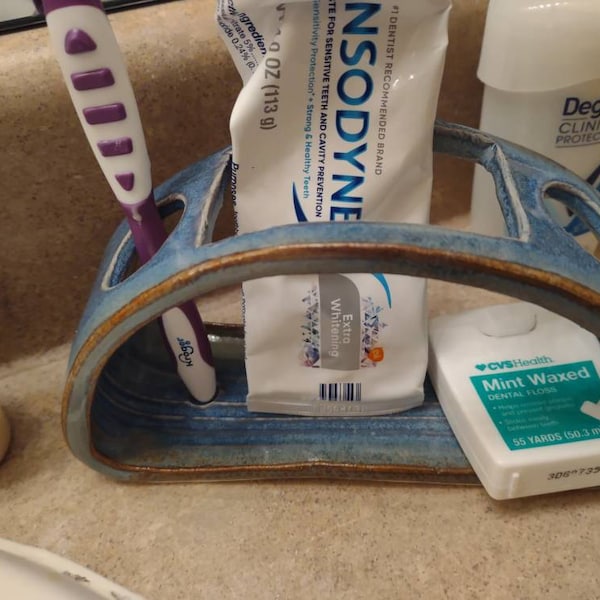 Toothbrush - Toothpaste Holder Lapis Blue and Cappuccino Brown- 2 ...