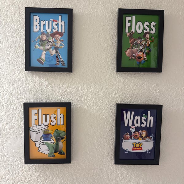 Toy Story Wash Brush Floss Flush Kids Bathroom Wall Art Prints - Set of ...
