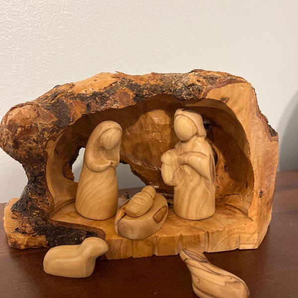 Nativity Set Carved Inside an Olive Wood Branch, Nativity Scene Set ...