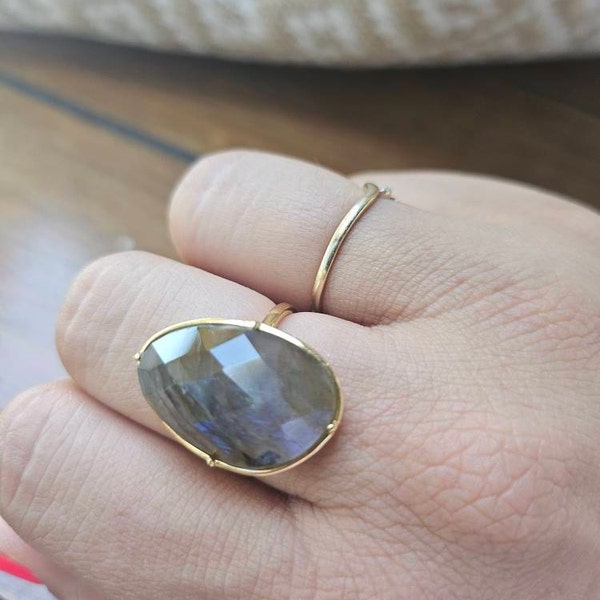 Labradorite Ring, Natural Stone Ring, Minimalist Ring, BIG Labradoite ...