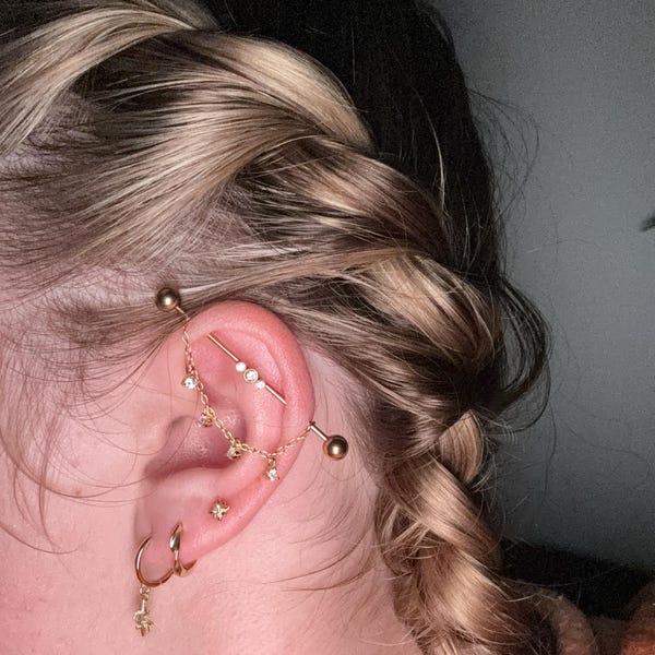 Dainty Industrial Barbell and CZ Chain for Piercing, Gold Sterling ...