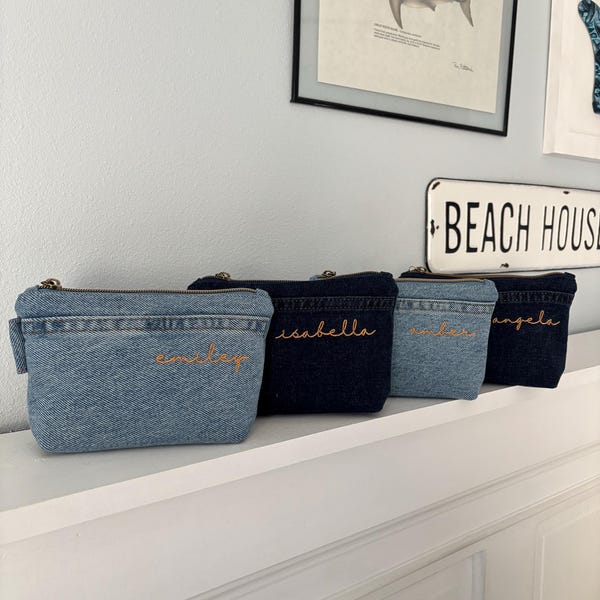 Personalized Upcycled Denim Zipper Pouch: Embroidered Makeup Bag Made ...