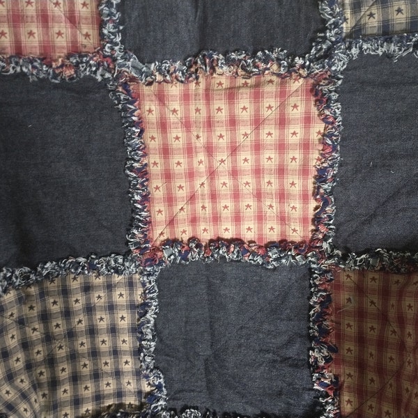 Patriotic Disappearing Nine Patch Rag Quilt, Sofa Throw, Denim Rag ...