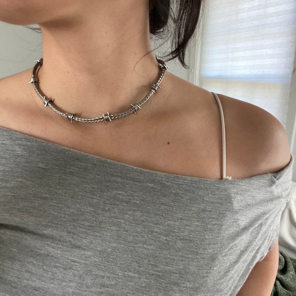 Barbed Wire Necklace. Gothic Necklace, Stainless Steel Necklace, Y2K ...