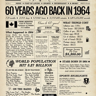 1964 CANADA, 60th Birthday Gift Newspaper Sign Canadian, 1964 Birthday ...
