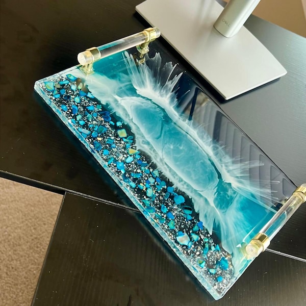 HANDMADE Large Decorative Ocean Resin Tray Glass Elegant Tray W/ Gold ...