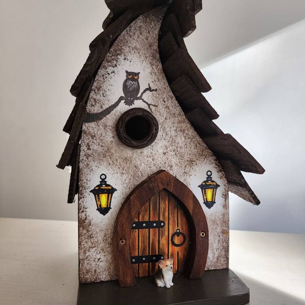 Whimsical Bird House Featuring a Fox, Owl, Lantern and Fairy Door. This ...