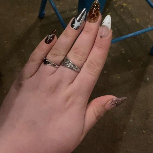 3D Freestyle Almond Goth Press on Nails, Handpainted Luxury Acrylic ...