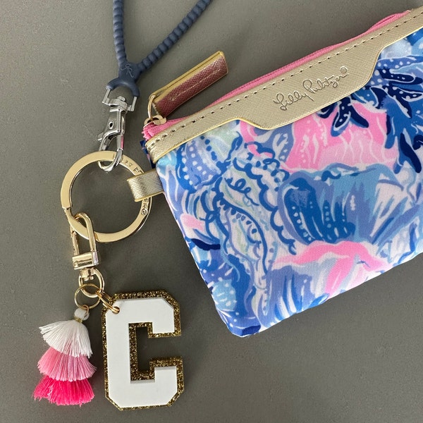 Varsity Letter Keychain With Mini Ombre Tassel | Initial Zipper Pull ...