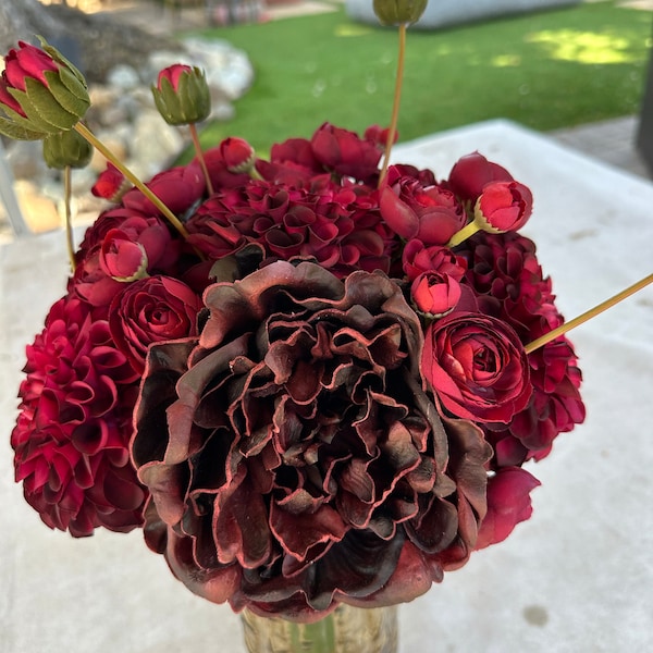 Dark Burgundy Peonies, Real Touch PU Flowers, DIY Silk Wedding, Bridal ...