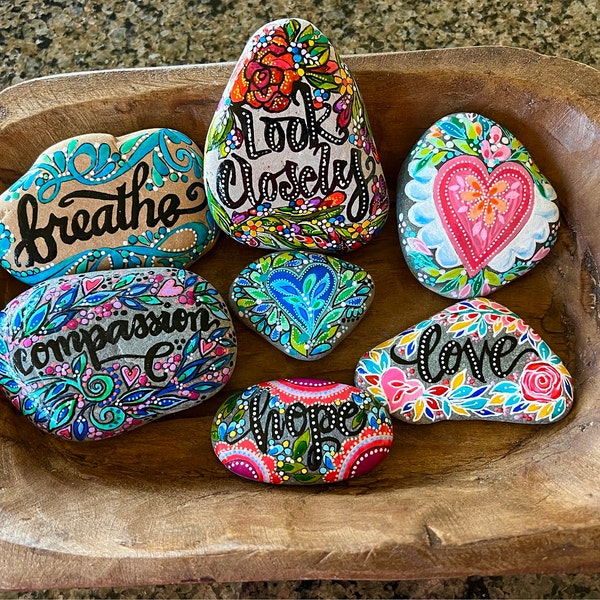 Golden Boho Floral / Painted Rocks/painted Stones/ Paperweights/ Boho ...