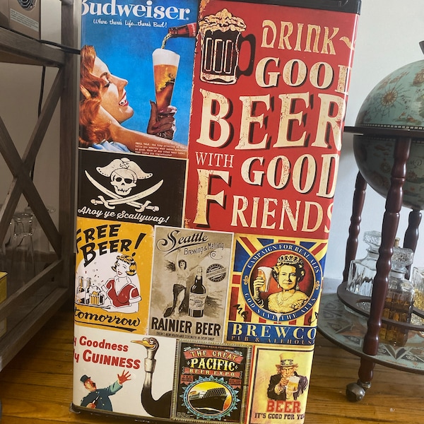 Mini Beer Fridge Retro Labels Wrap Man Cave, Mini Fridge Decal Gifts ...
