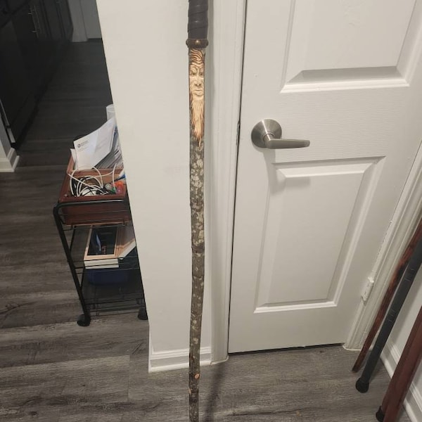 Hand Carved Tree Spirit Walking Stick, Leather Wrapped Handle - Etsy