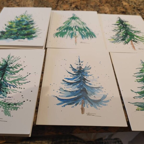 Watercolor "evergreen Trees" Note Card Assortment Pack; 6 Cards, 6 ...