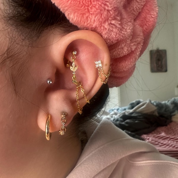 16G Double Chain Attachment Conch Stud Gold Chained Piercing Linking ...