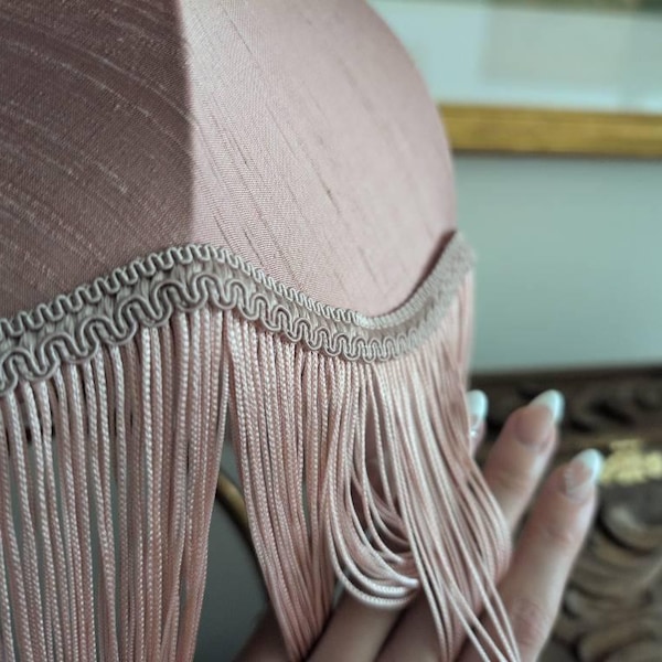 Luxury 12” Handmade Pink Silk Fringe Lampshade, Art Deco Fringed ...