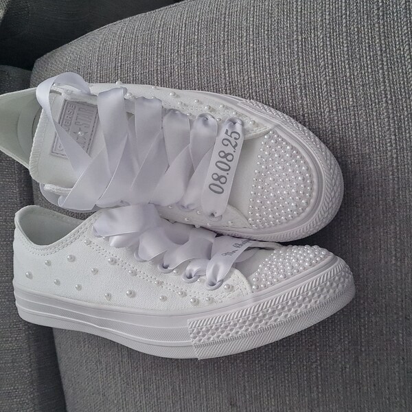 Wedding Bridal Custom White Converse, Crystals, Pearls, Personalised ...
