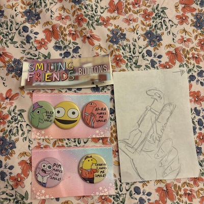 Smiling Friends Handmade Buttons Pim, Charlie, Alan, and Glep - Etsy