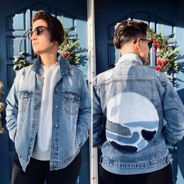 Denim Jacket, Jean Jacket, Upcycled Jacket Applique Mountain Landscape ...
