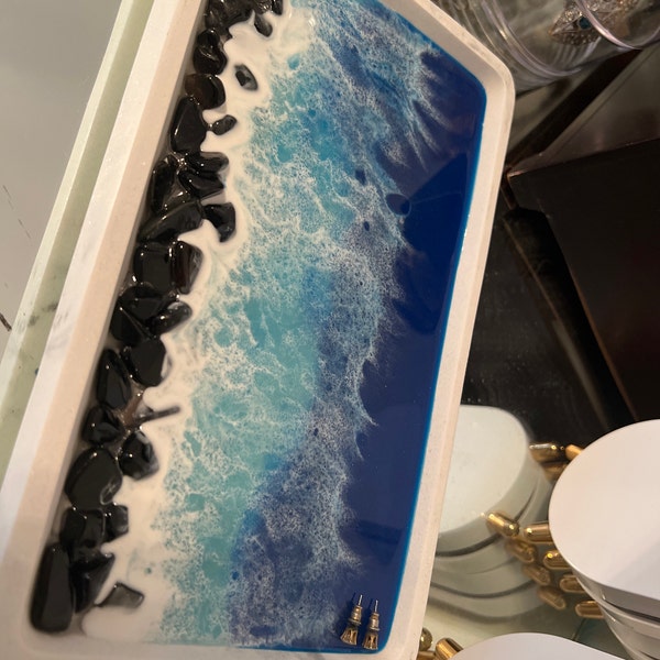 Lazy Susan Beach Resin Art Design Blue Water White Waves Coral Fossil ...